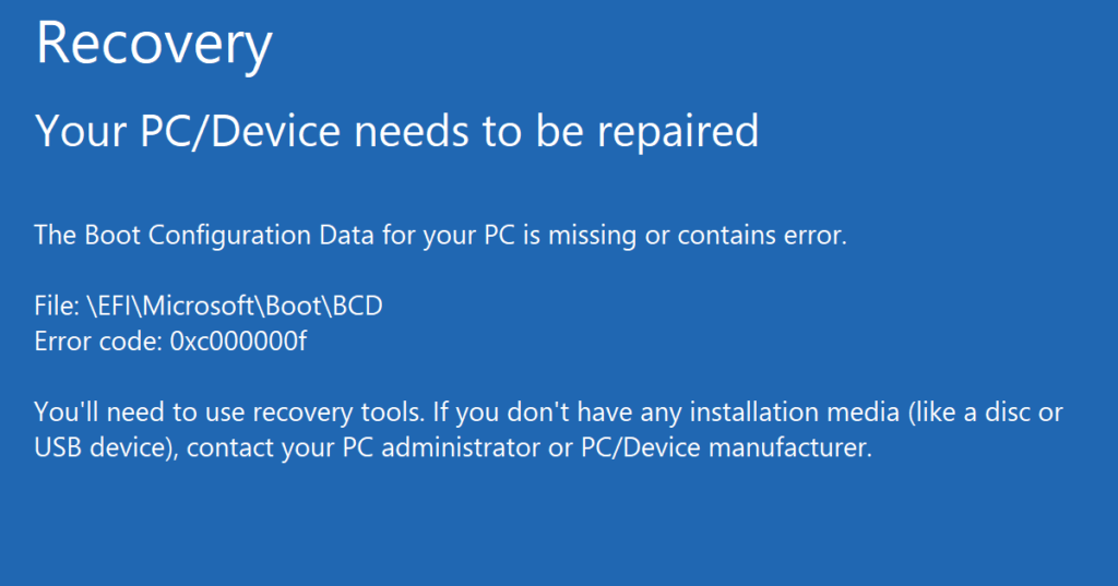 The Boot Configuration Data For Your Pc Is Missing Error In Windows